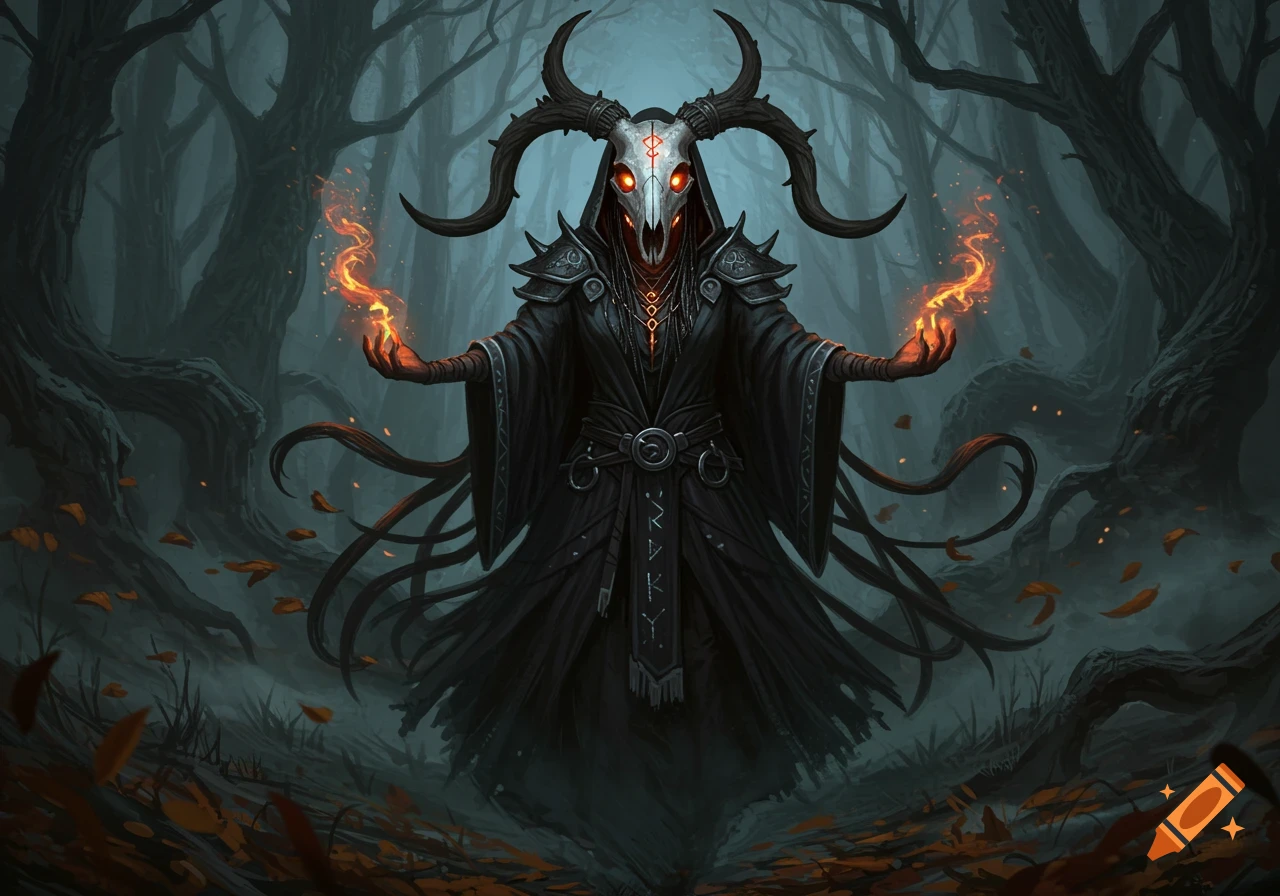 A dark fantasy figure in a horned animal skull mask with glowing red ...