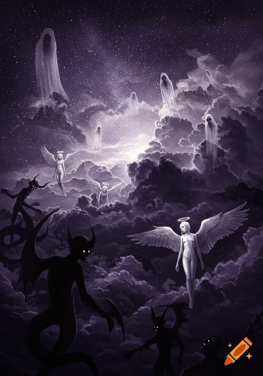 Angels with halos, ethereal ghosts, and shadowy demons float in a dark purple, star-filled void ...