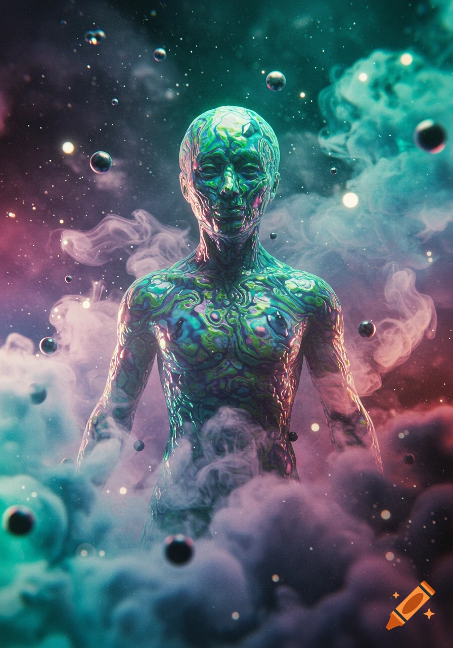 A vibrant, textured humanoid figure stands amidst colorful cosmic ...