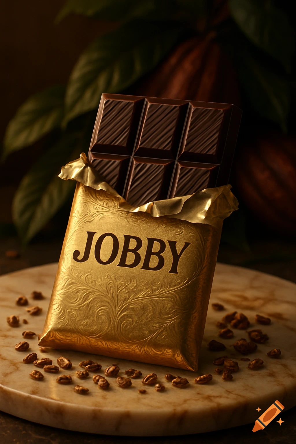 A steaming chocolate bar with foil on a marble surface, surrounded by ...