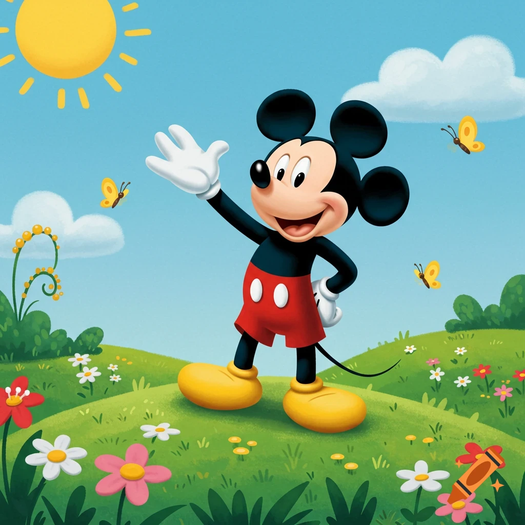 Mickey Mouse waves in a sunny green meadow with colorful flowers and ...