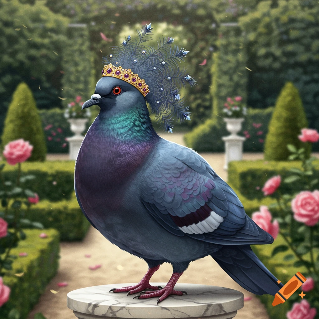 A stylized pigeon wearing orange sneakers with untied laces stands on a ...