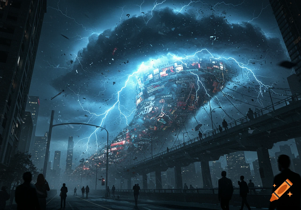 A menacing humanoid robot with glowing red eyes stands in a desolate ...