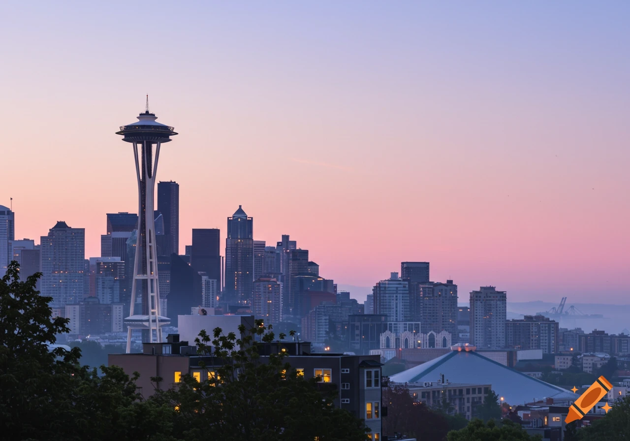 A cityscape of Seattle at dawn with the Space Needle towering over ...