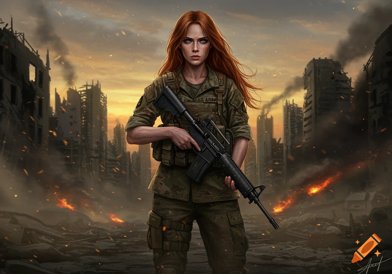 Red-haired woman soldier in camouflage with a crossbow stands in a ...