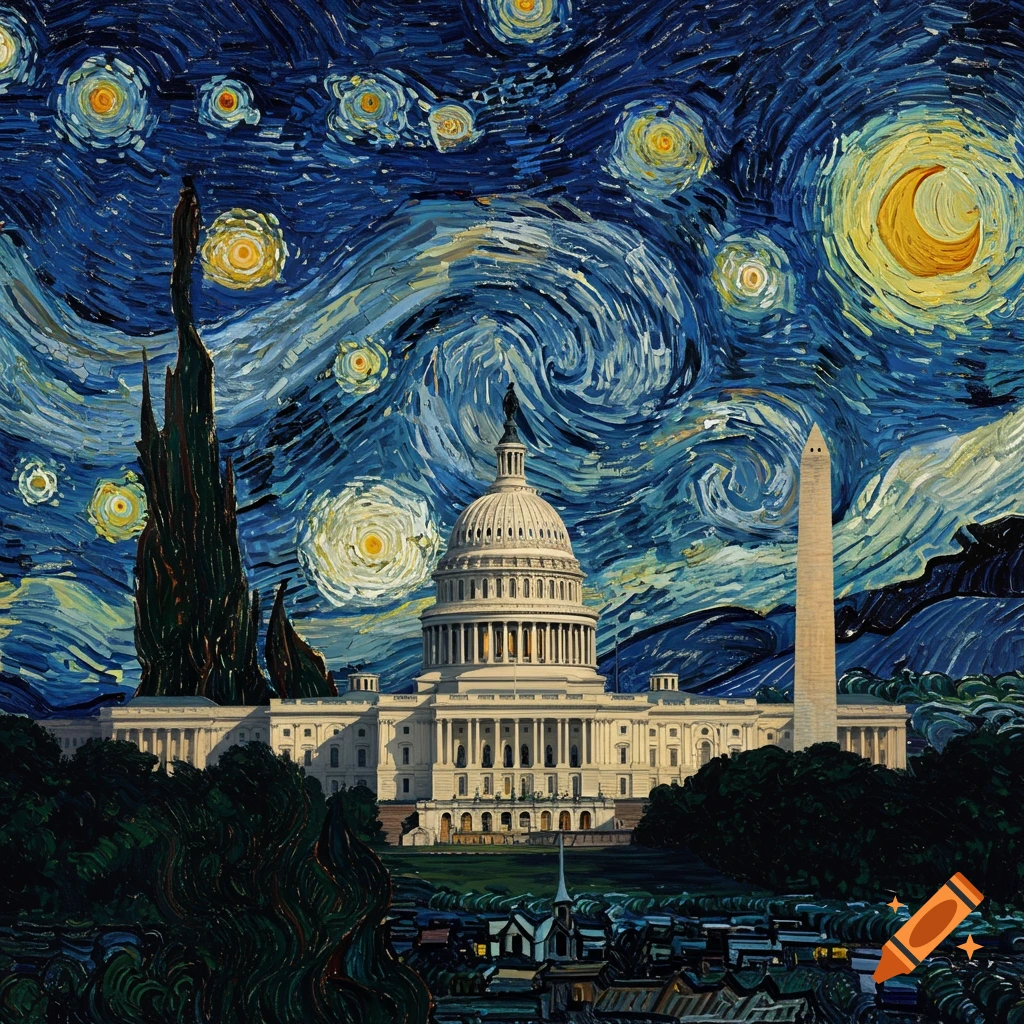 A painting in the style of Van Gogh's Starry Night depicts Washington D ...