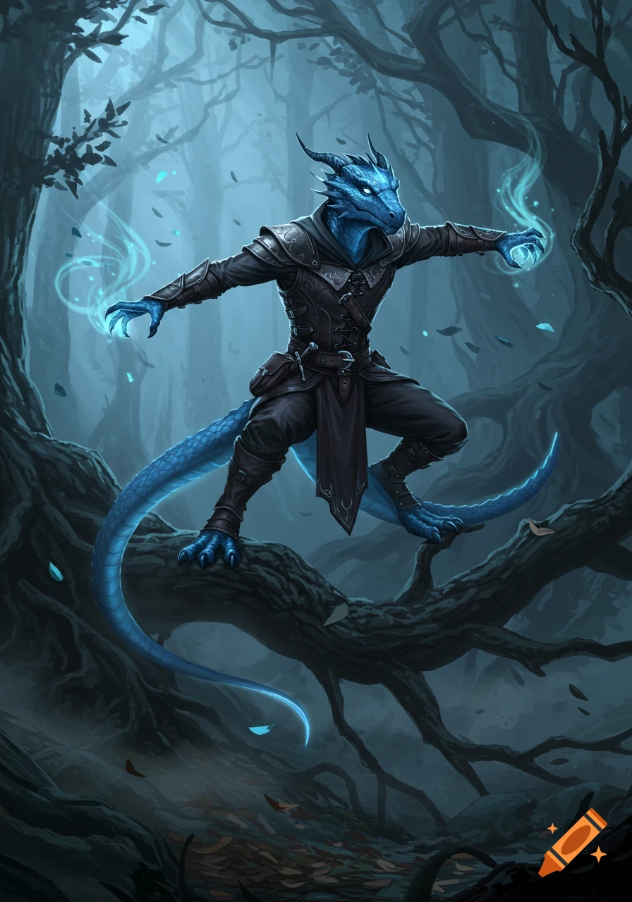 Blue dragonborn rogue in dark armor with glowing hands, balancing on a ...