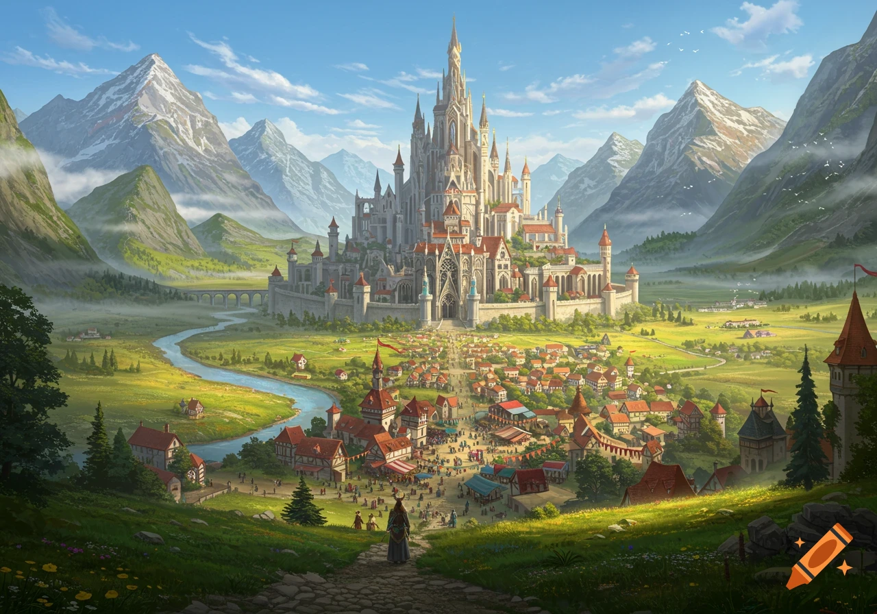 A detailed, circular fantasy city map with a glowing central plaza ...