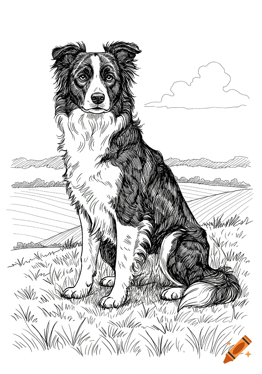 Line art drawing of a dog sitting upright and looking forward on a ...