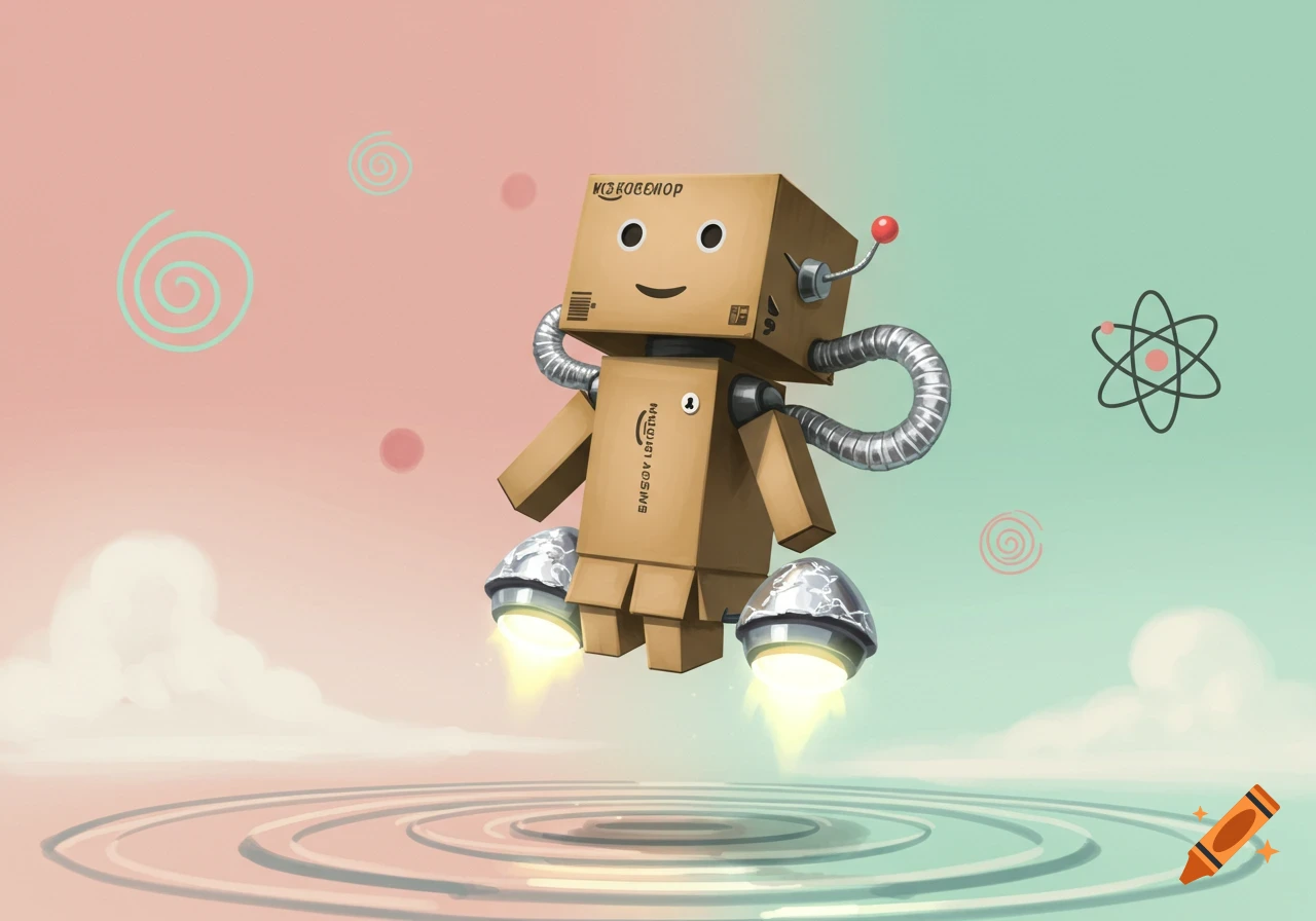 A cute cardboard box robot with metal tube arms and jet-powered feet hovers above water ripples ...