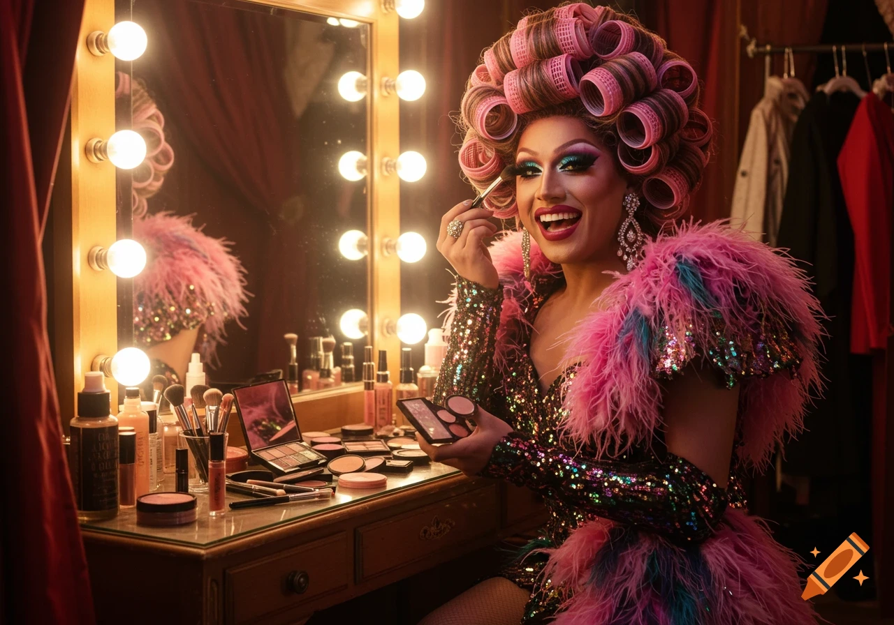 A drag queen in hair rollers and a sparkly, feathered dress applies ...