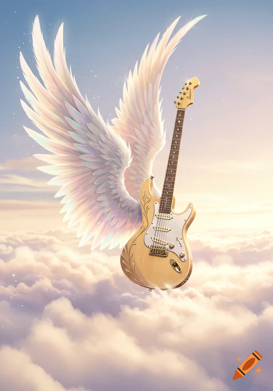 A golden electric guitar with large, luminous white angel wings floats ...
