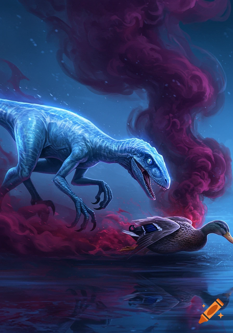 A glowing blue raptor hunts a duck in dark water, surrounded by purple ...