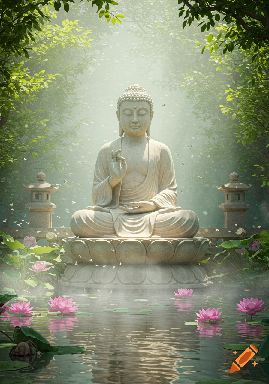 A person meditates in a peaceful pond surrounded by lotus flowers and ...