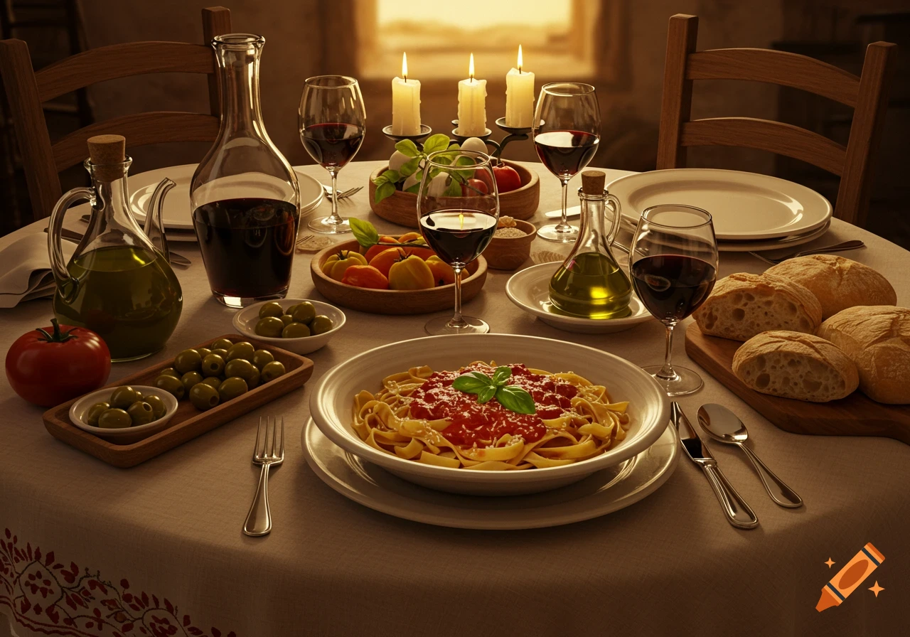 A photorealistic image of a candlelit dinner table set with a bowl of ...