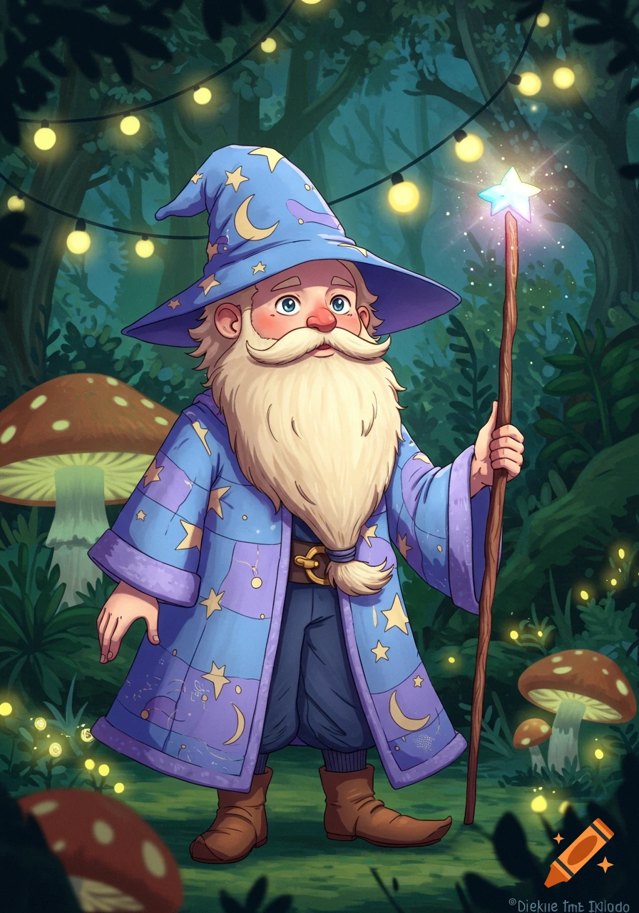 Cute anime style wizard gnome with a long white beard, blue wizard hat ...