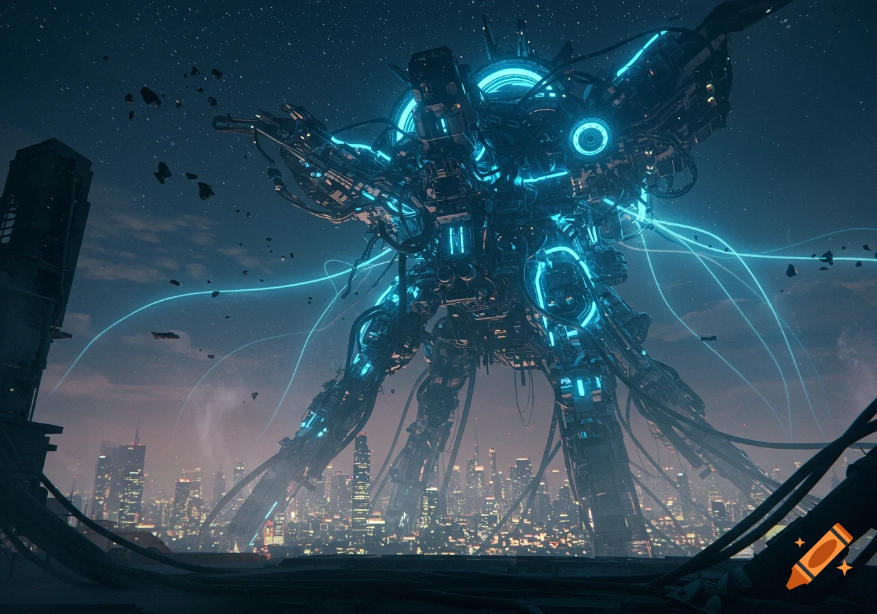 A giant black and orange mech with glowing lights stands in a ...