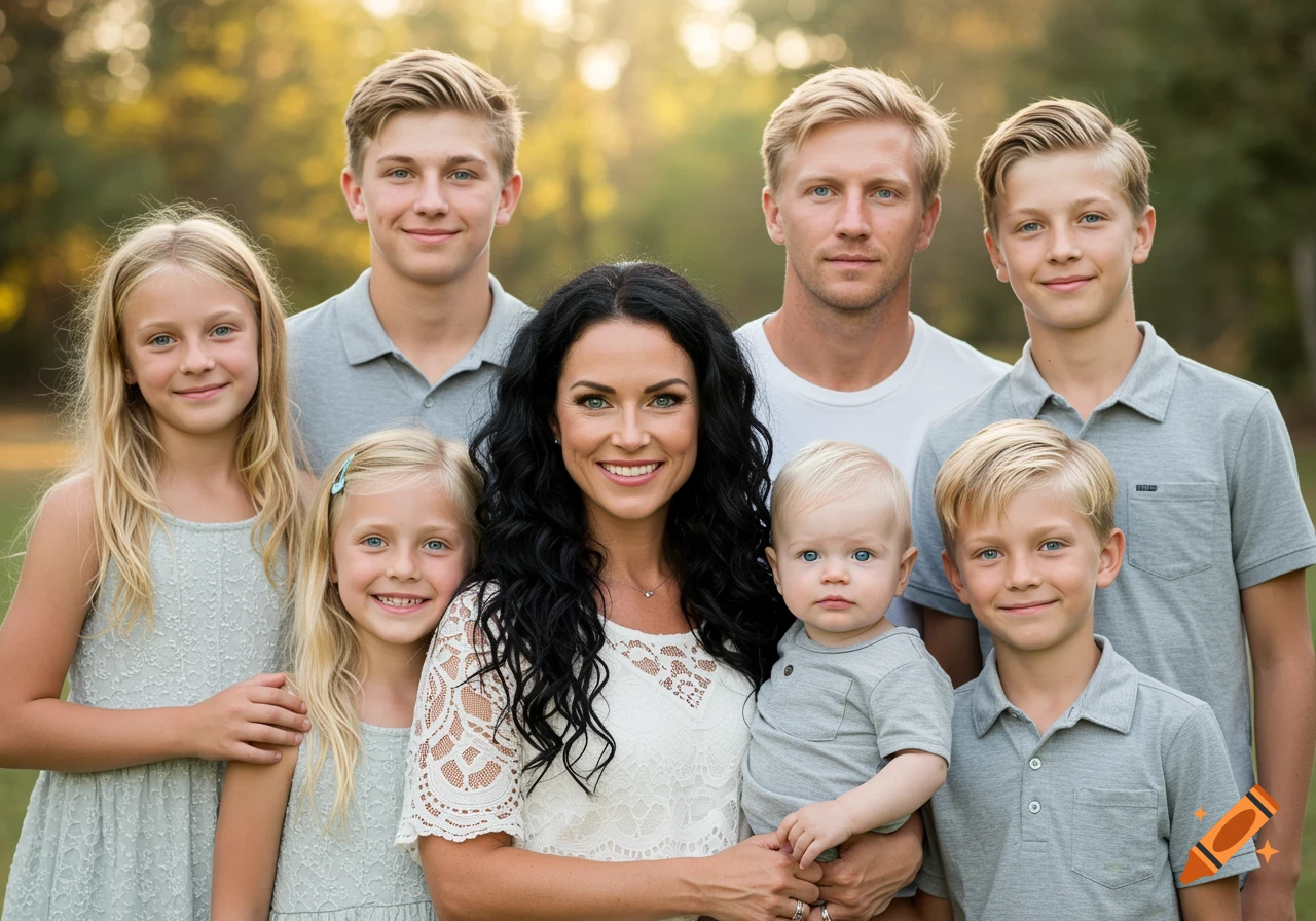 Photorealistic family portrait of seven people smiling outdoors with ...