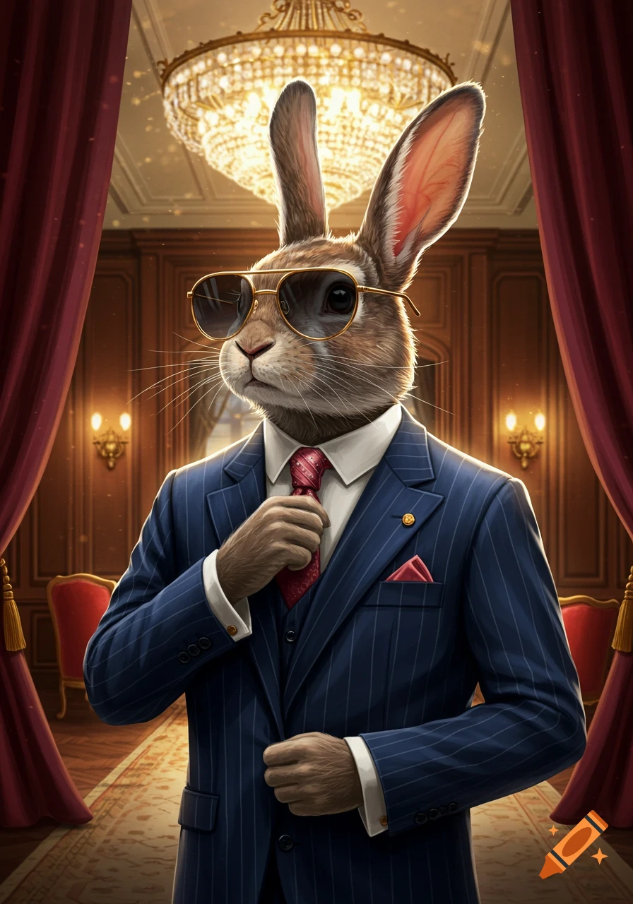 A dapper anthropomorphic rabbit wearing a pinstripe suit, red tie, and ...