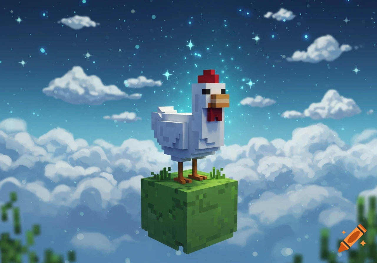 A stylized, blocky Minecraft chicken stands on a floating grass block ...