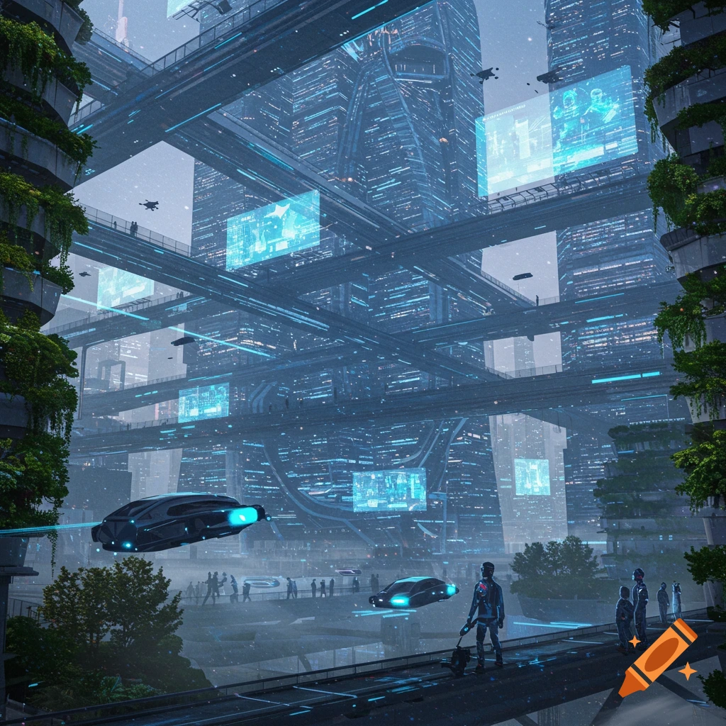 A vibrant futuristic city with towering green-covered buildings ...