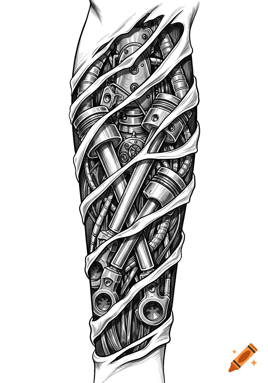 Black and white tattoo-style illustration of a forearm with skin torn ...