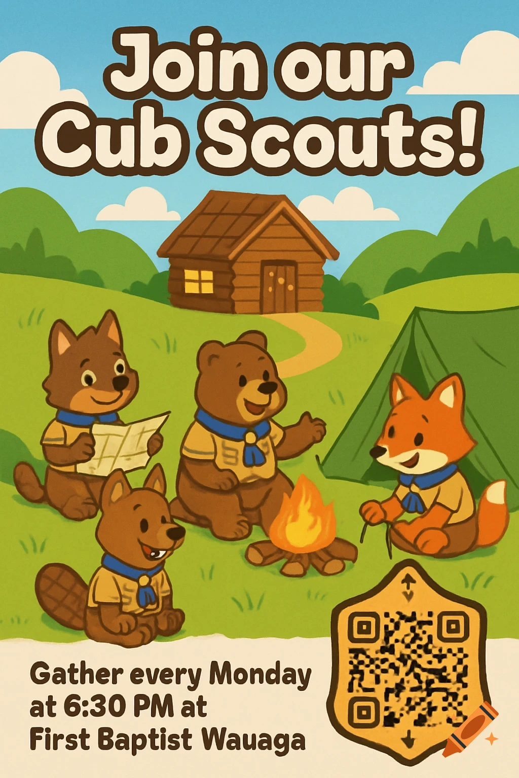 A colorful cartoon flyer for Cub Scouts shows four animal characters ...