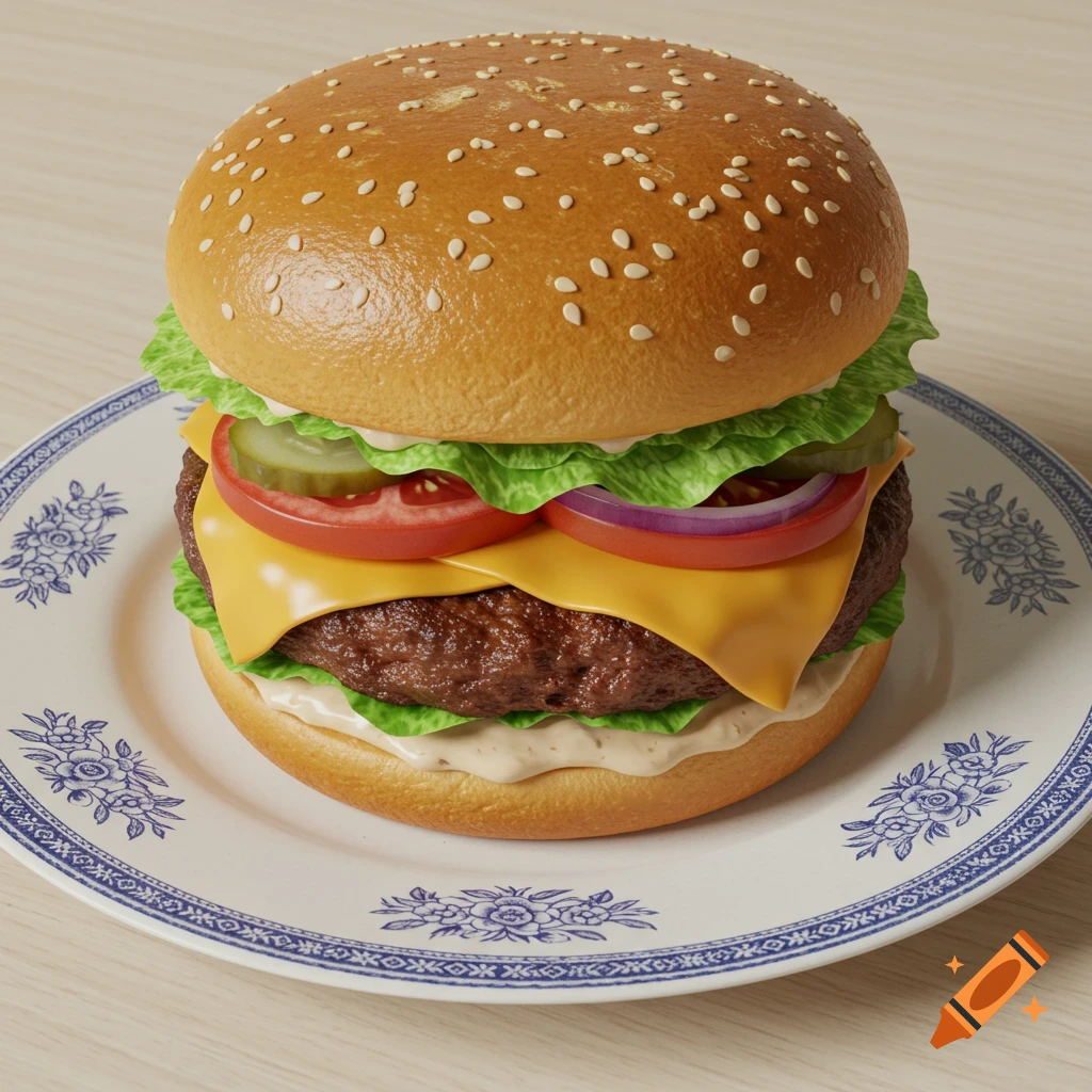 A photorealistic cheeseburger with lettuce, tomato, onion, pickle, and ...