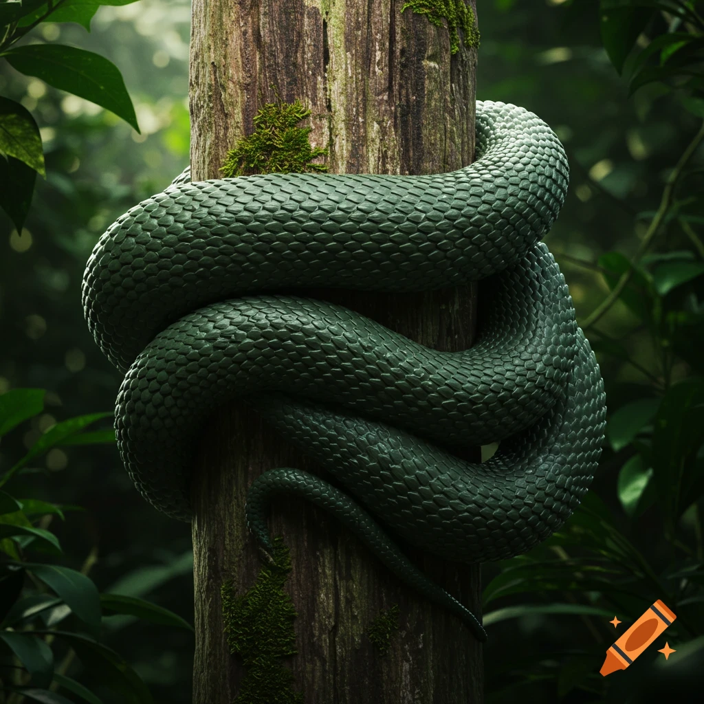 A dark green snake with textured scales wrapped tightly around a mossy ...