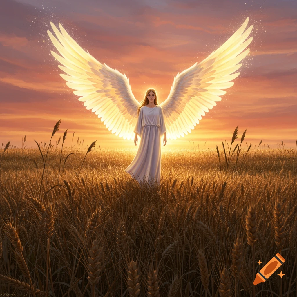 A majestic angel with large wings and a halo stands over a man kneeling ...