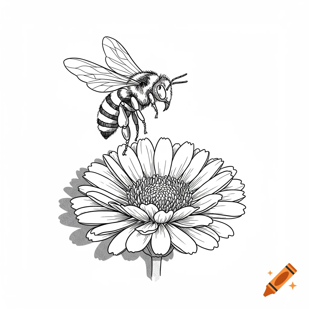 A simple black and white line drawing of a bee flying over a flower. on ...