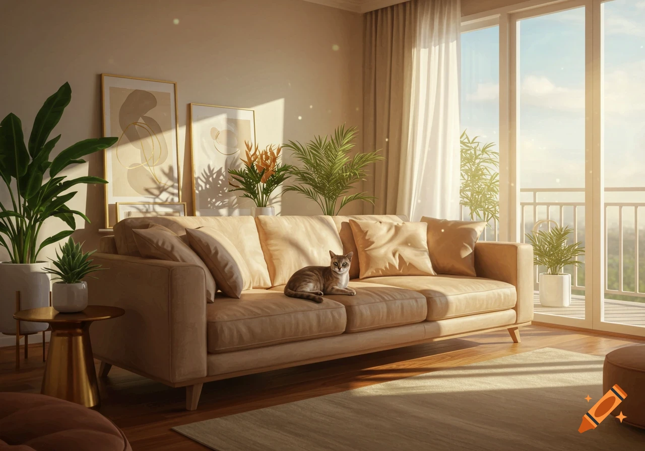 Photorealistic image of a chic, sunlit living room with a stylish cat ...