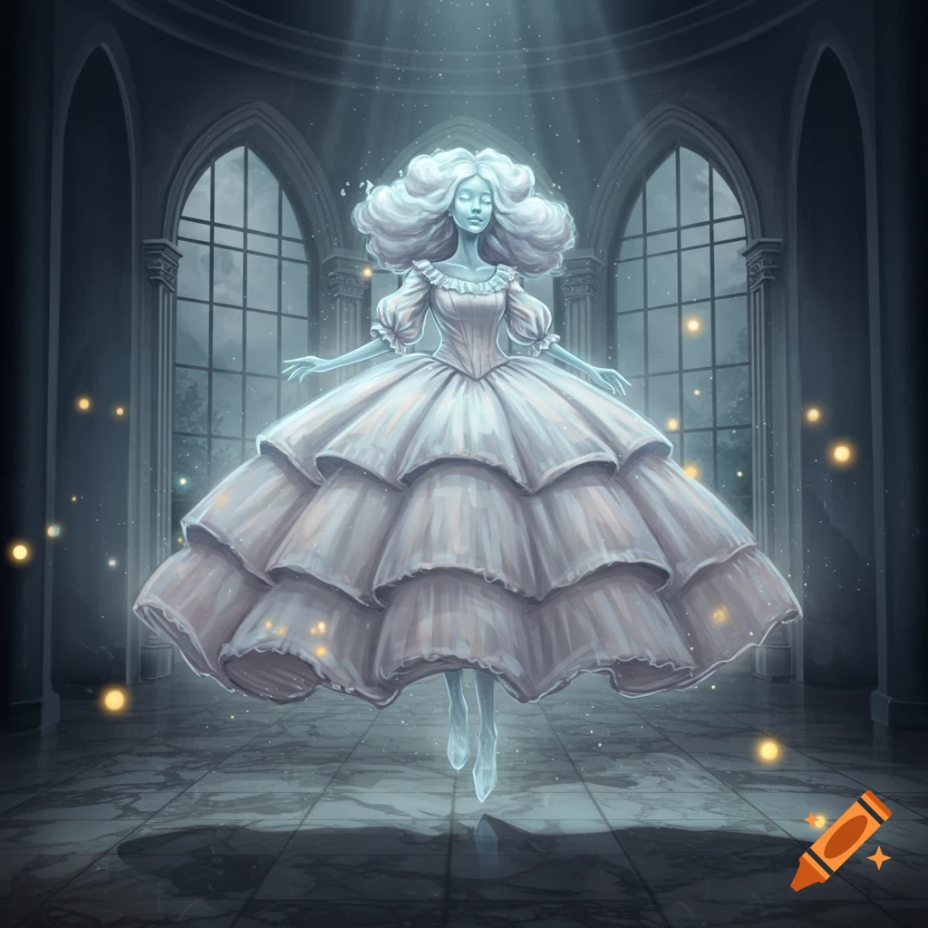 A ethereal ghost figure with fluffy white hair and a voluminous ruffled ...