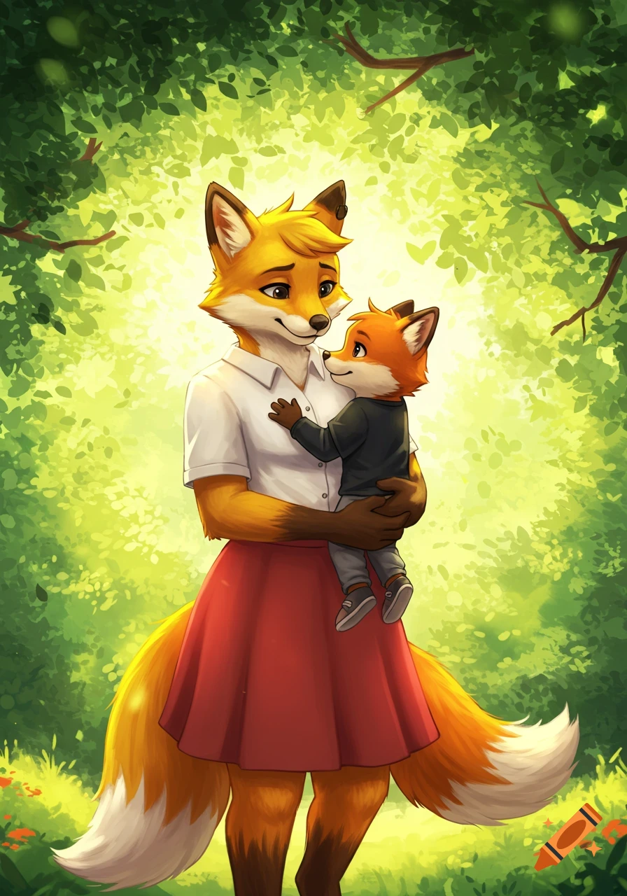 An anthropomorphic fox mother holds her fox son lovingly in a sunny ...