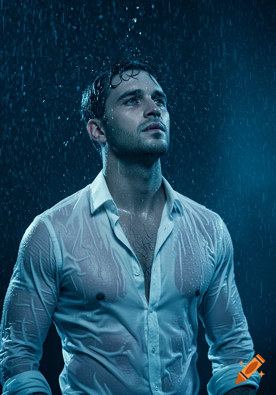A man in a wet white shirt stands in heavy rain, looking upwards, with ...