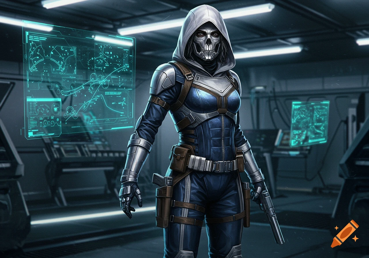 Taskmaster, a character in a hooded suit and skull mask, stands in a ...