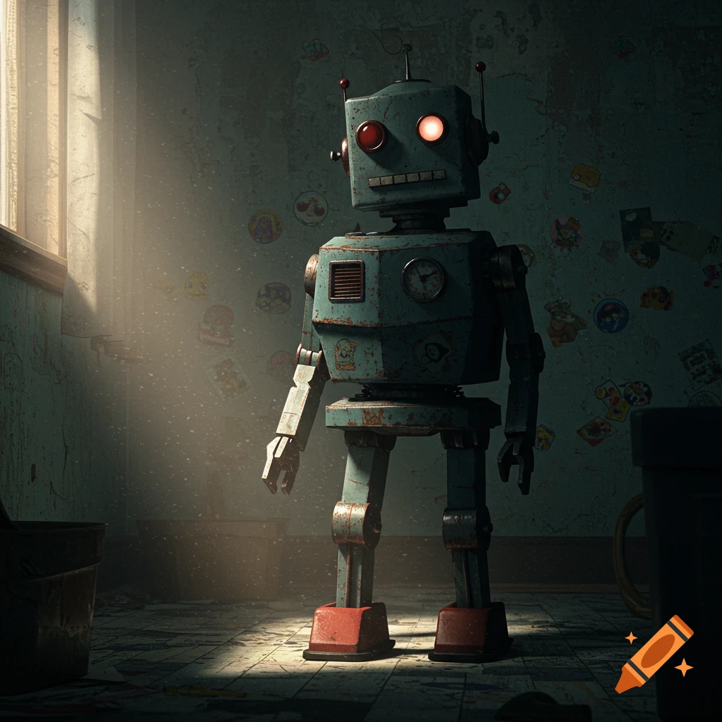 A weathered, teal toy robot with glowing red eyes stands in a dimly lit ...