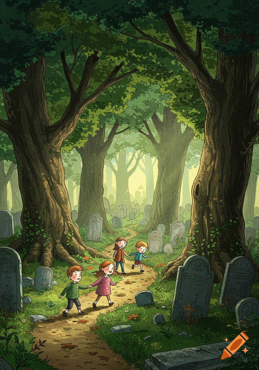 Four cartoon children walk along a winding dirt path through a spooky ...