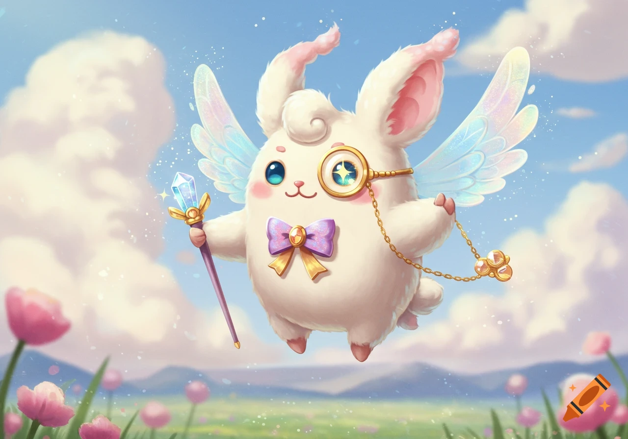 A fluffy white winged creature with a monocle and purple bow tie ...