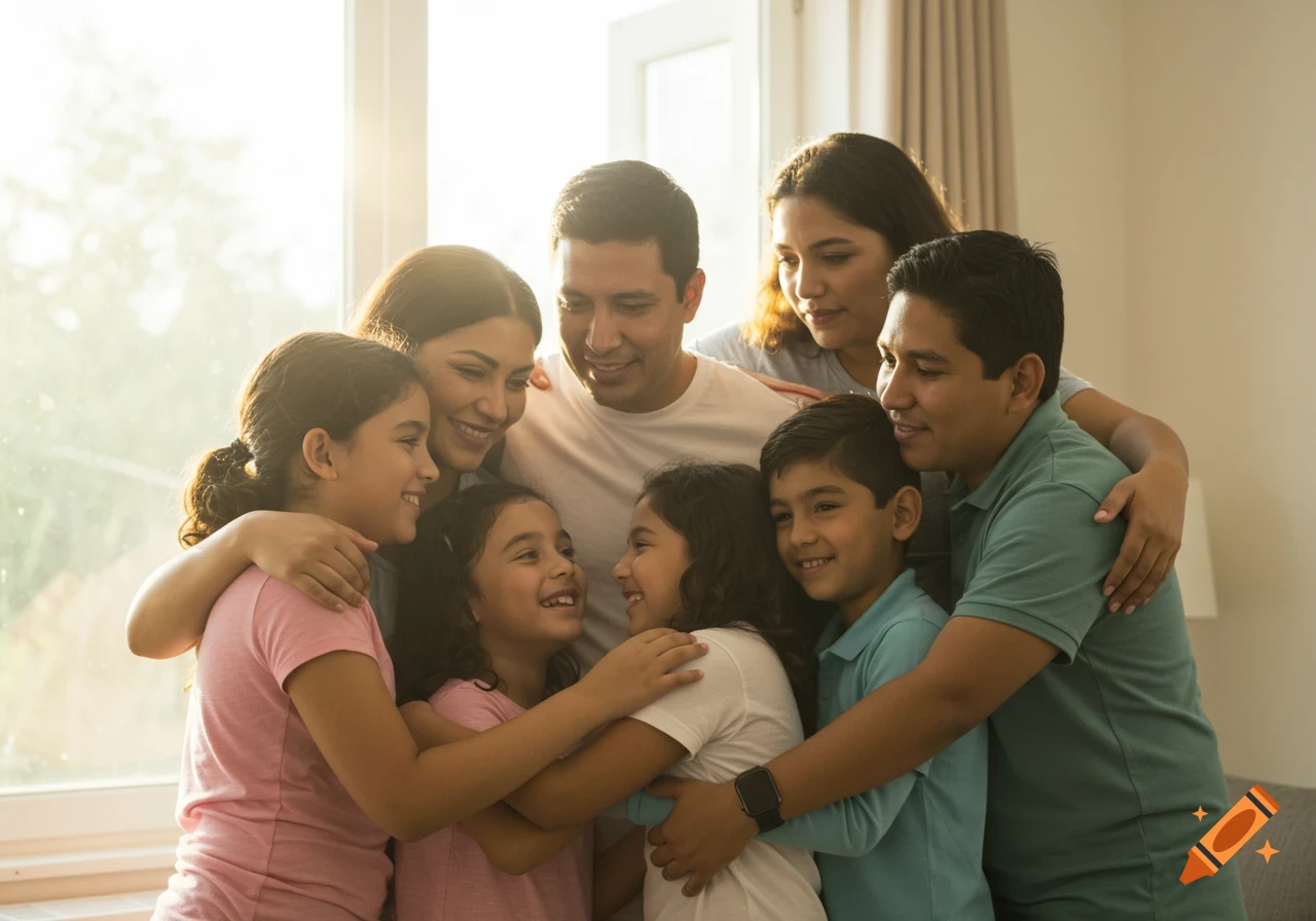 A happy Latin family with parents and children embracing warmly in a ...