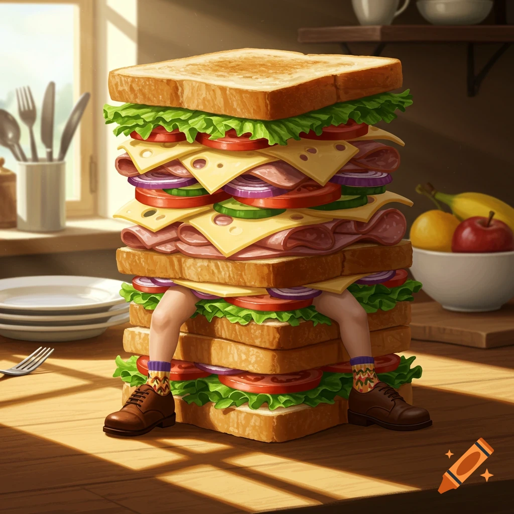 A giant, multi-layered sandwich stands on a kitchen counter, with human ...