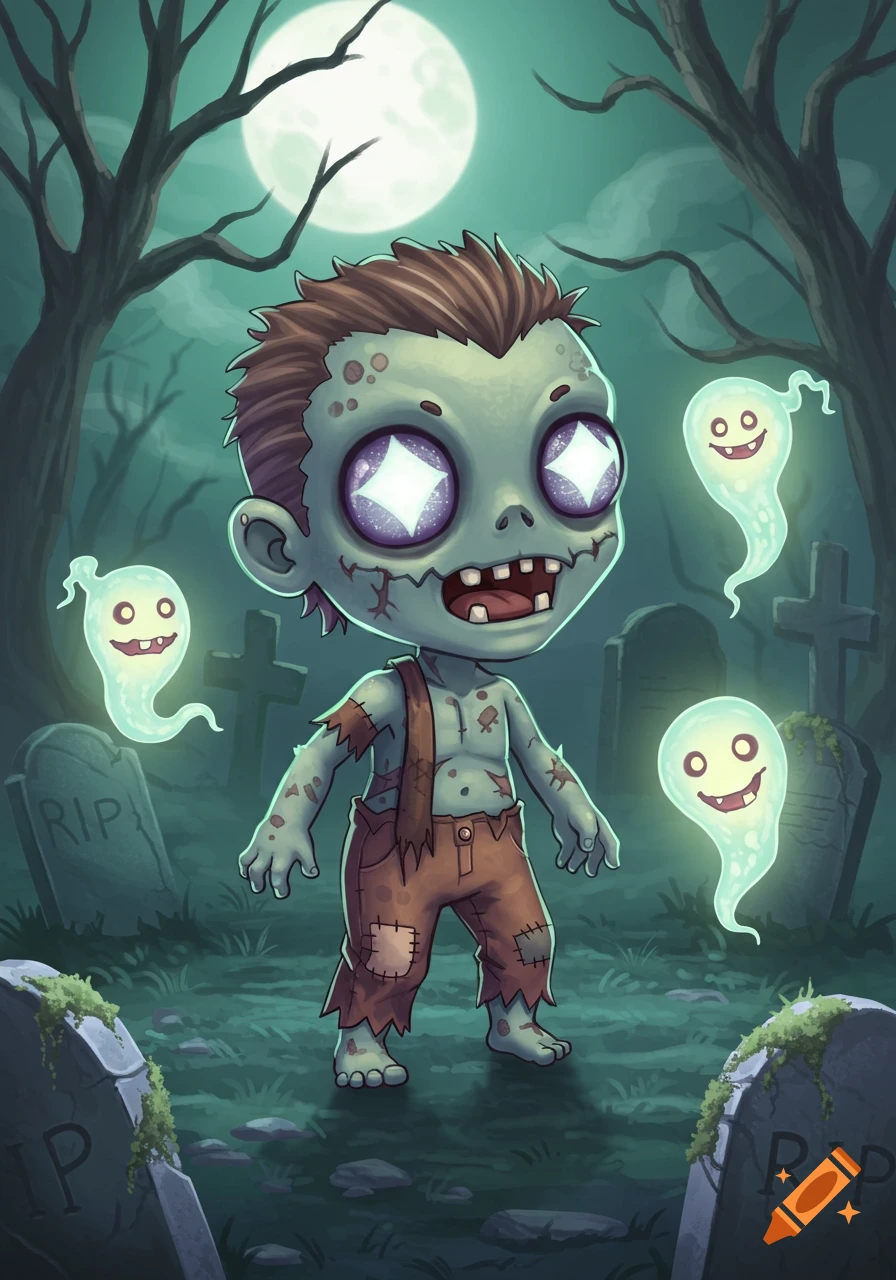 Chibi zombie stands in a moonlit graveyard with three glowing ghosts in ...