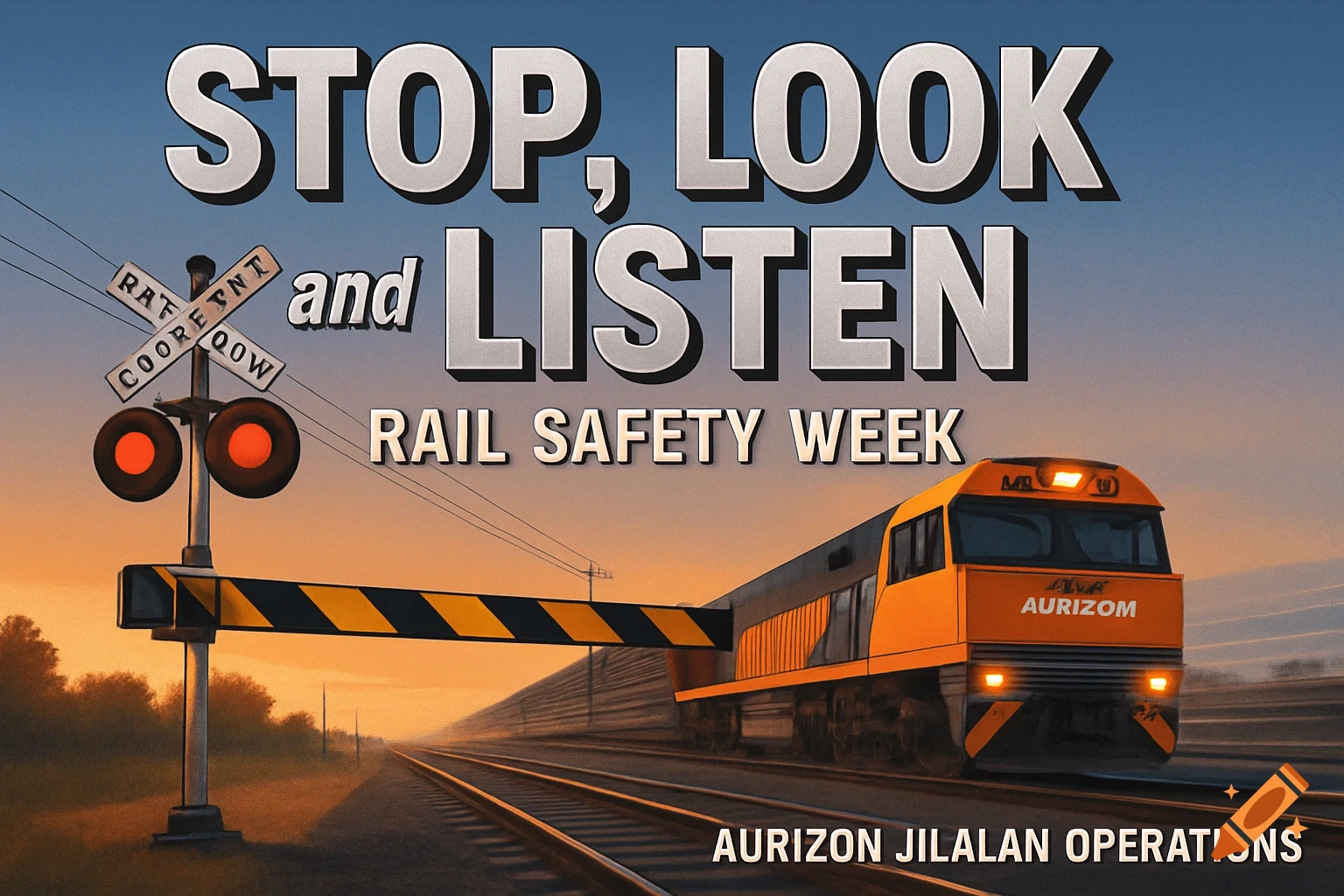A rail safety billboard featuring a large train and a railroad crossing ...