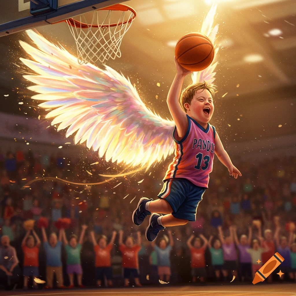 A person with Down Syndrome dunking a basketball and sticking out their ...
