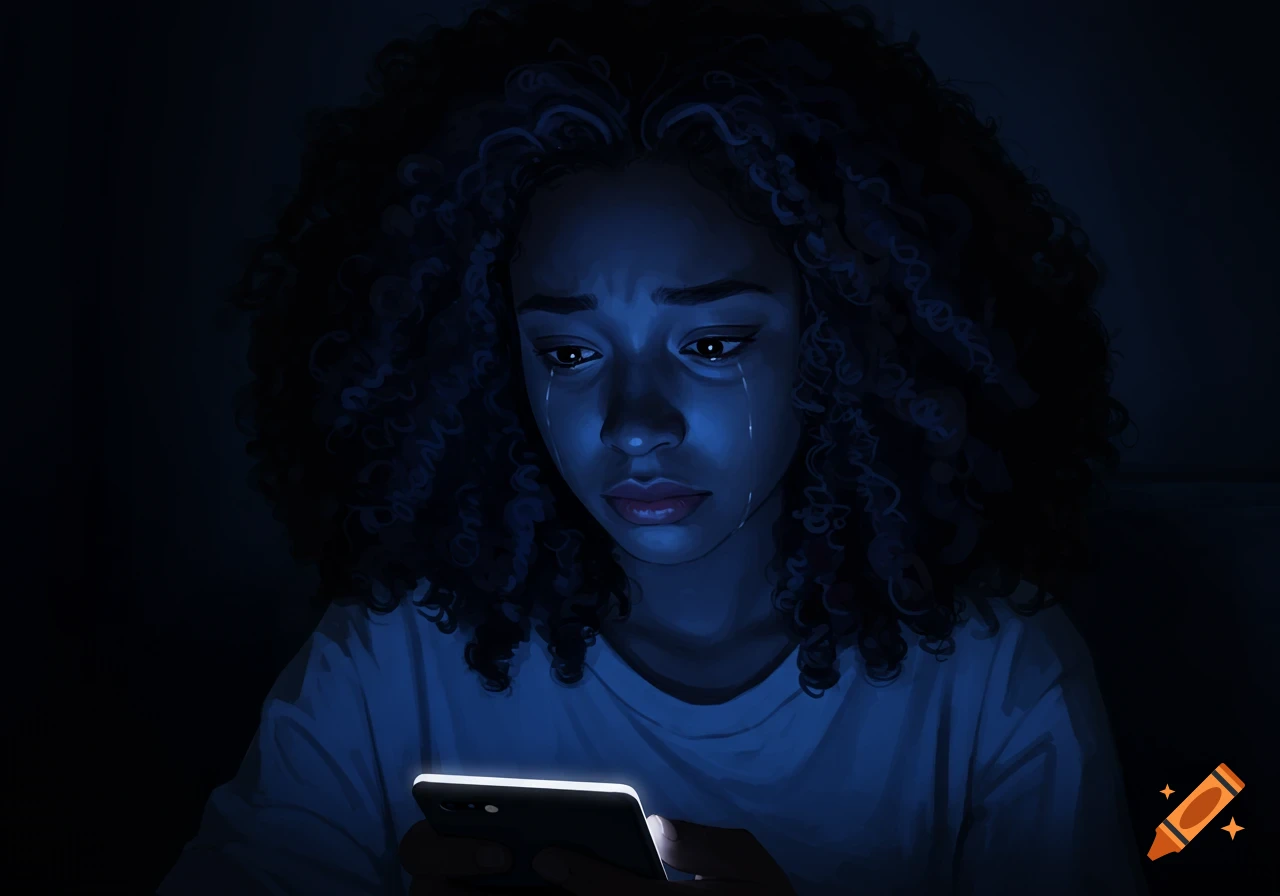 Illustration of a crying young woman with curly hair looking at her ...