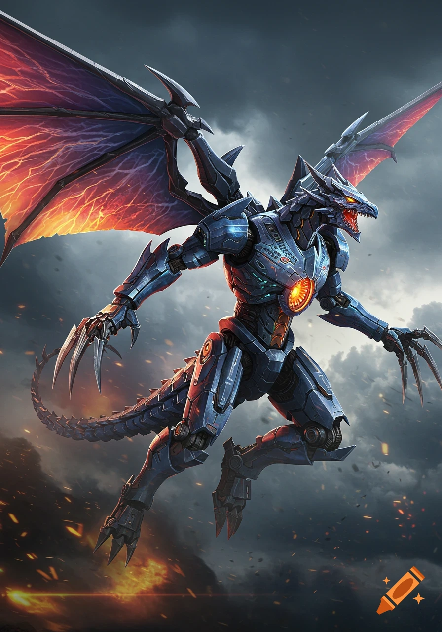 A majestic blue and gray robotic dragon, or mecha, with glowing orange ...