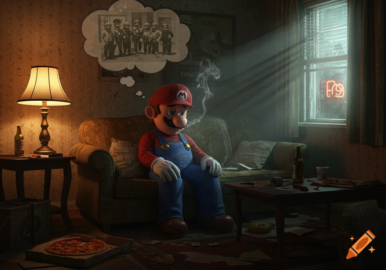 Photorealistic Mario smoking on a dingy couch in a dimly lit apartment ...