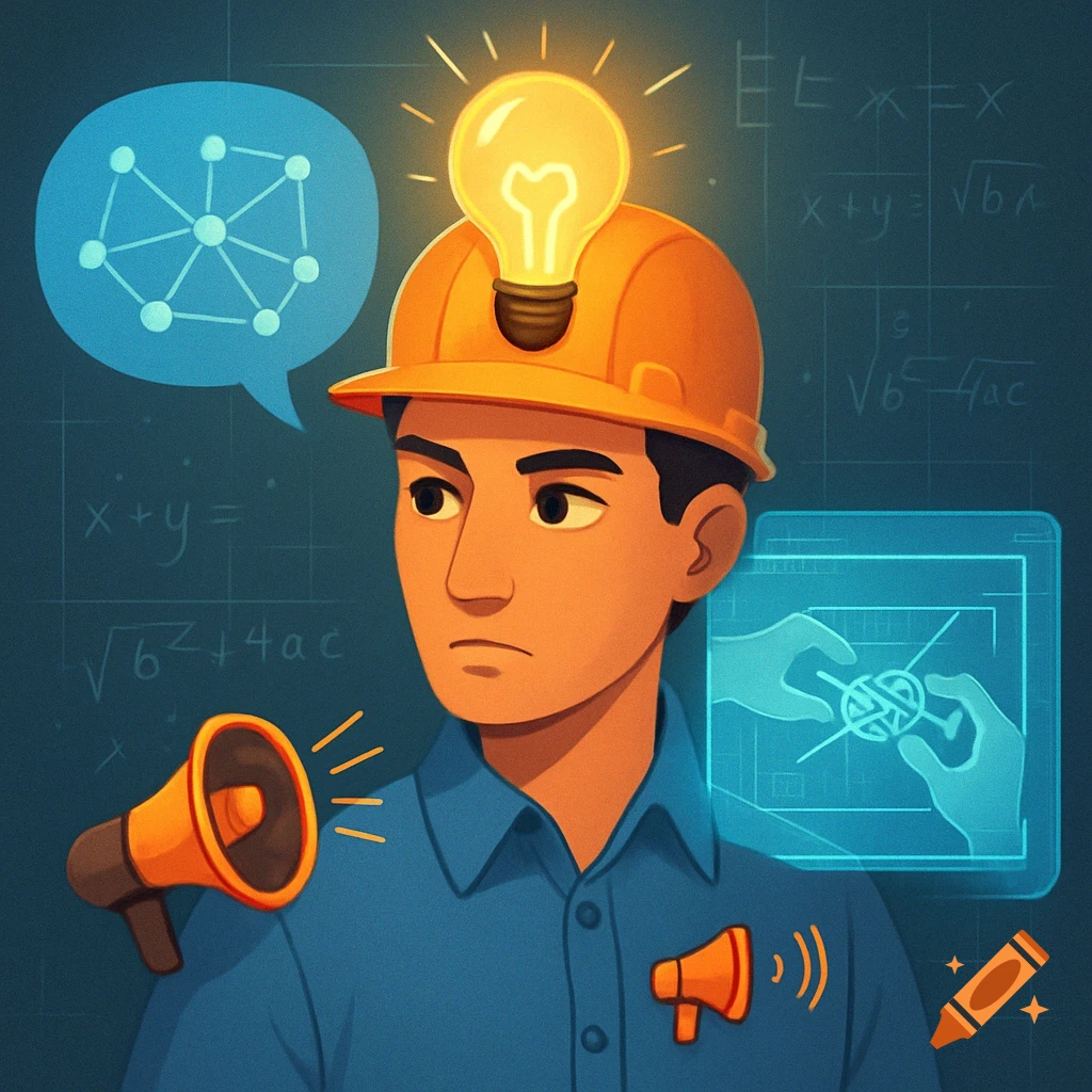 An avatar of an engineer wearing a hard hat with a glowing lightbulb ...