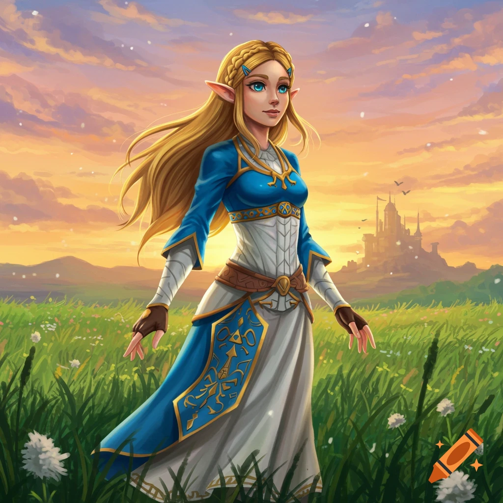 Princess Zelda in a white and gold dress stands on a grassy hill ...