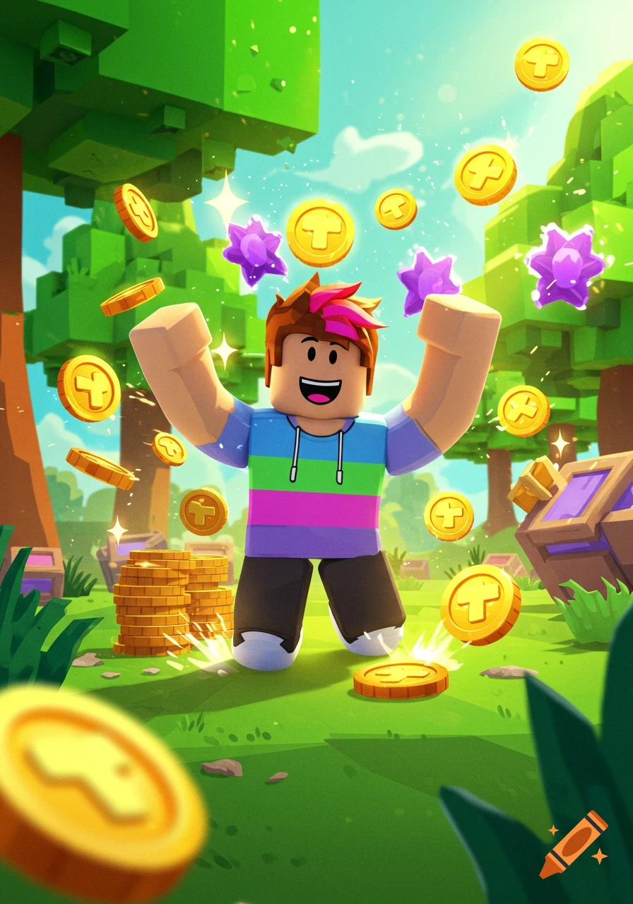 A Roblox-style character jumps rope in a vibrant, pixelated city at ...